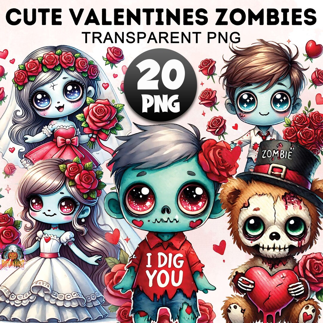 Cute Zombies Clipart Bundle, 20 PNG Valentine, Sweet Heart Clipart ...