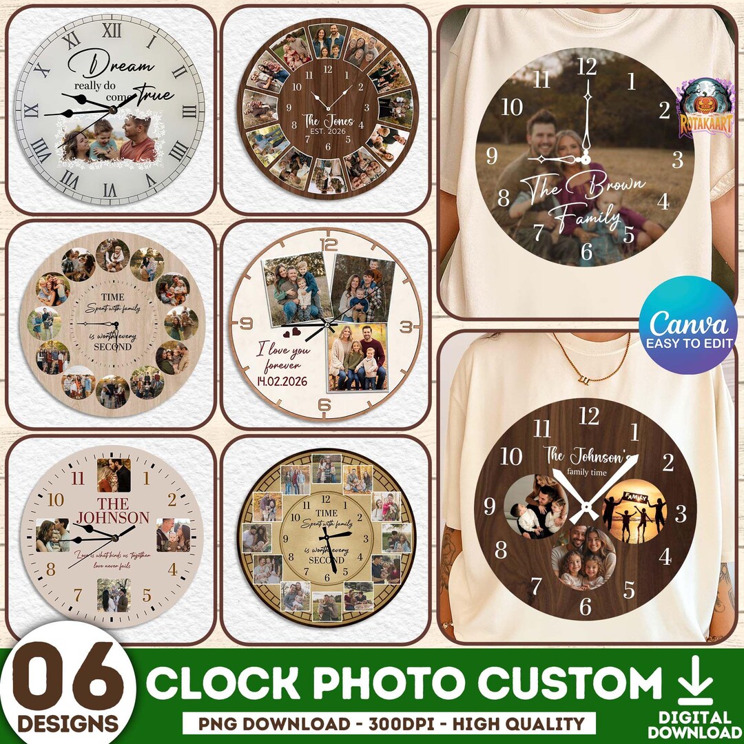 Round Clock Canva Template, 6 PNG Personalized, Custom Family Editable ...