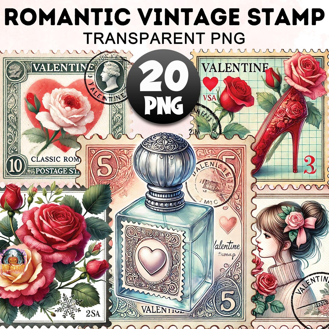 Vintage Stamp Clipart Bundle, 20 PNG Valentines Day, Romantic Roses ...