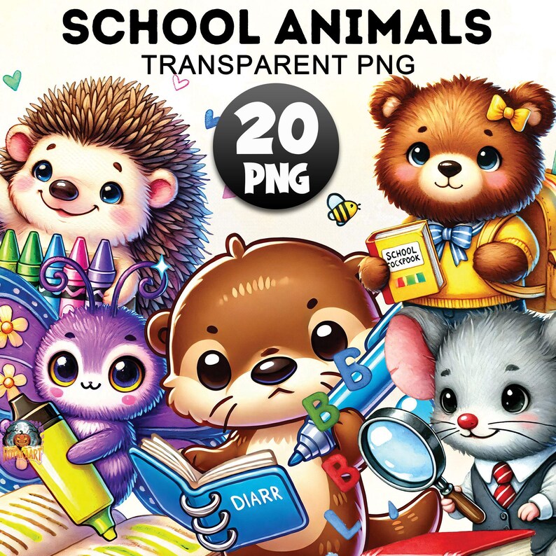 Back to School Clipart Bundle, 20 PNG Holding Books, Adorable Animal ...