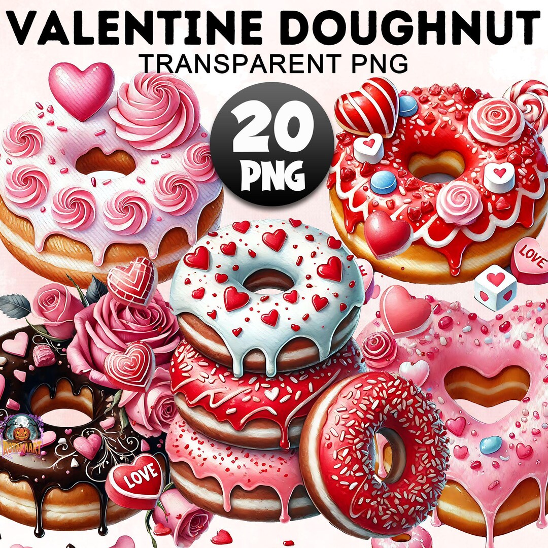 Chocolate Donut Clipart Bundle, 20 PNG Valentine, Love Heart Clipart ...