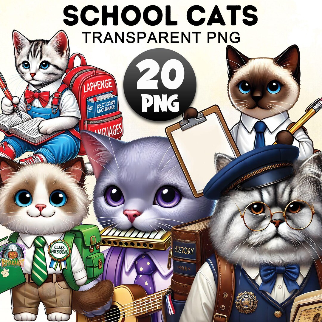 100 Days Cats Clipart Bundle, 20 PNG Kitten Kids, Back to School Png ...