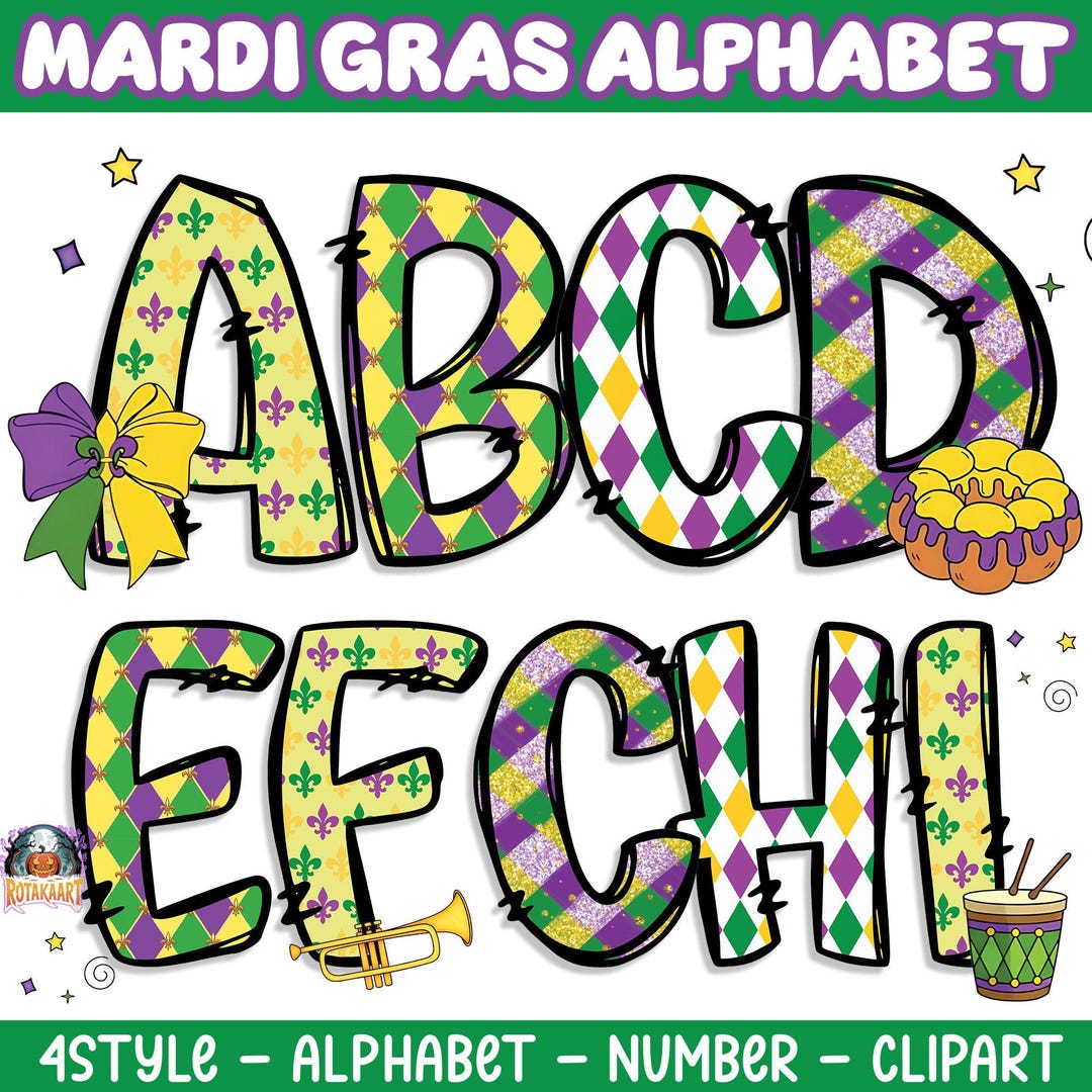 Mardi Gras Alphabet Png Bundle, 4 PNG Fleur De Lis, Mardi Gras Fonts ...