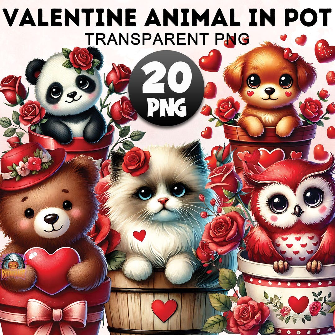 Valentine Animals Clipart Bundle, 20 PNG Valentine, Lovely Animals ...