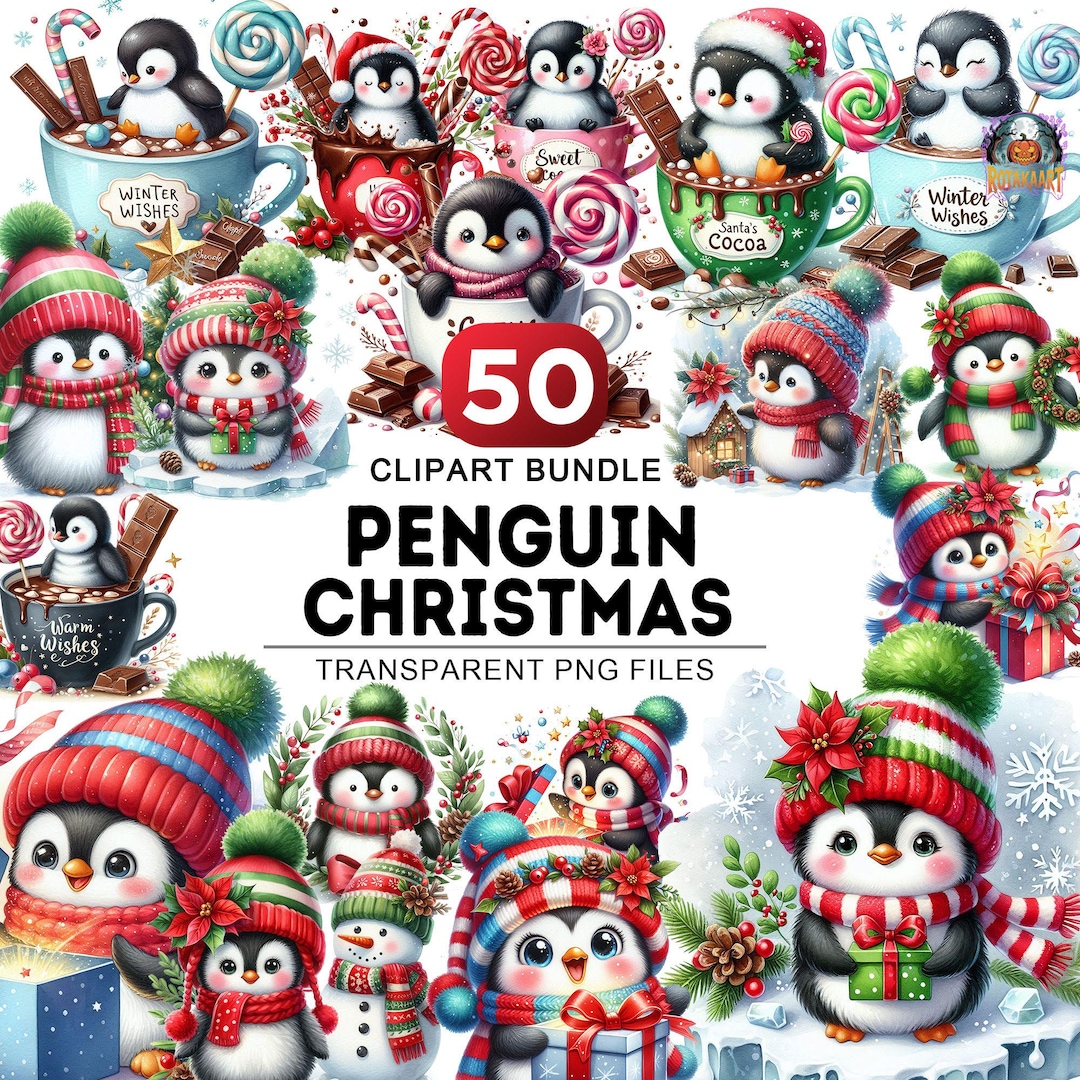 Watercolor Penguin Christmas Clipart, 50 Png Winter Penguin Bundle ...