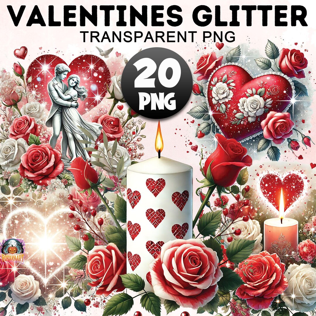 Heart Glitter Clipart Bundle, 20 PNG Valentines, Red Roses Clipart ...