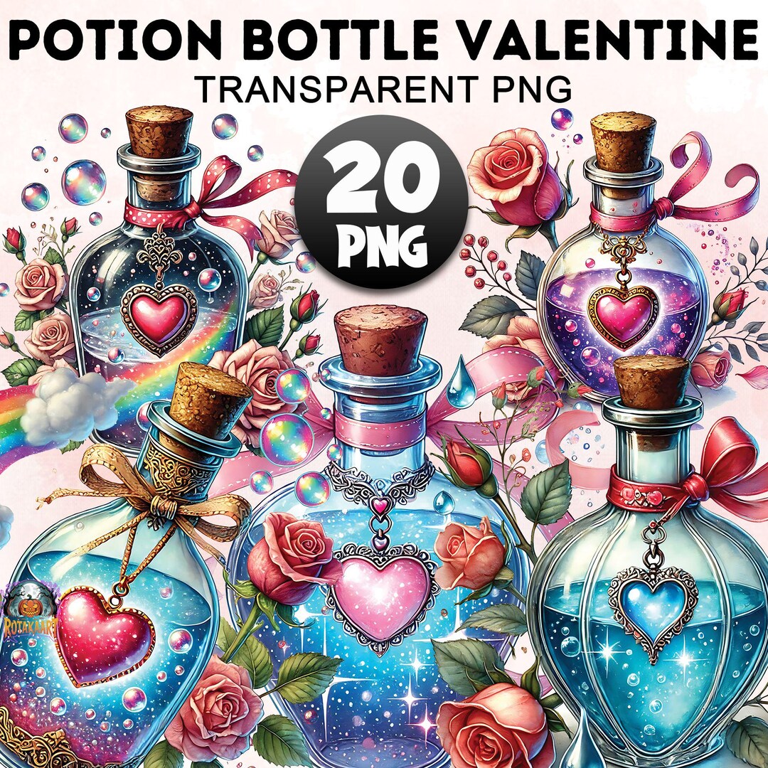 Love Potion Clipart Bundle, 20 PNG Valentines, Romantic Roses Clipart ...