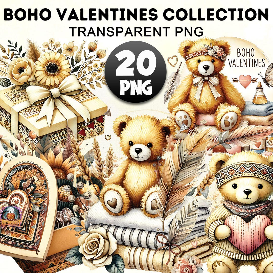 Cute Teddy Clipart Bundle, 20 PNG Valentine, Boho Romantic Clipart ...