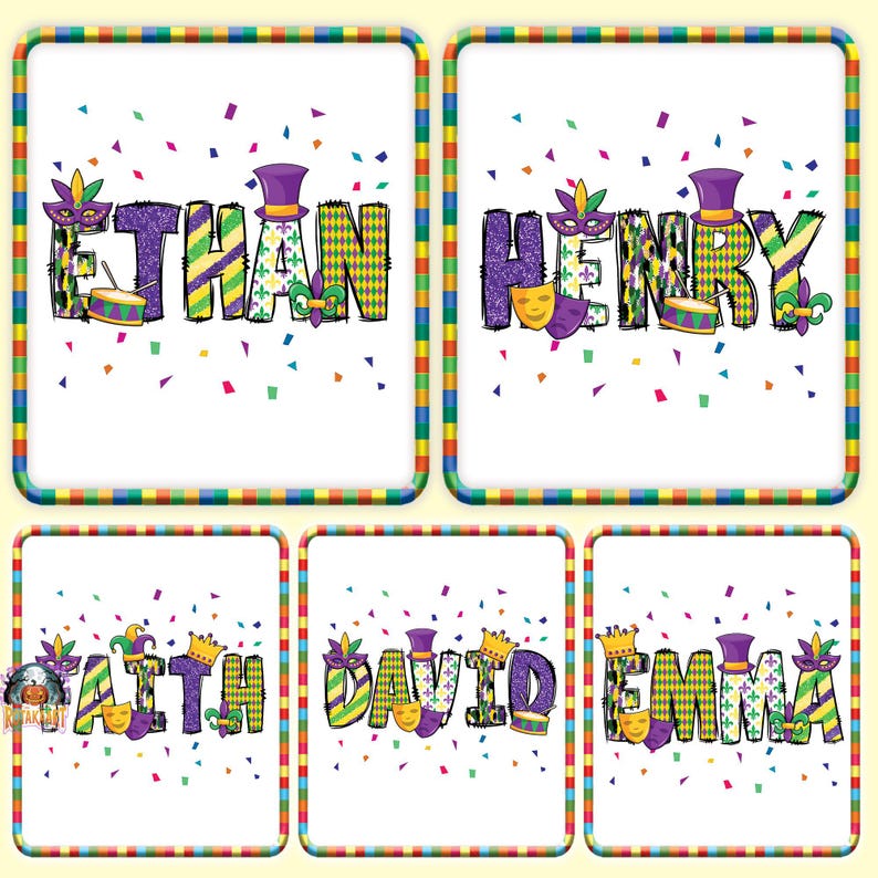 Personalized Name Png Bundle, 5 PNG Fat Tuesday, Mardi Gras Doodle Png ...
