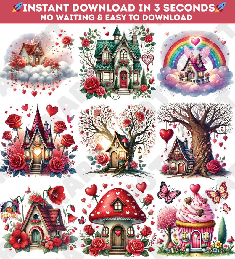 Valentine Cottage Clipart Bundle, 20 PNG Valentine, Love House Clipart ...