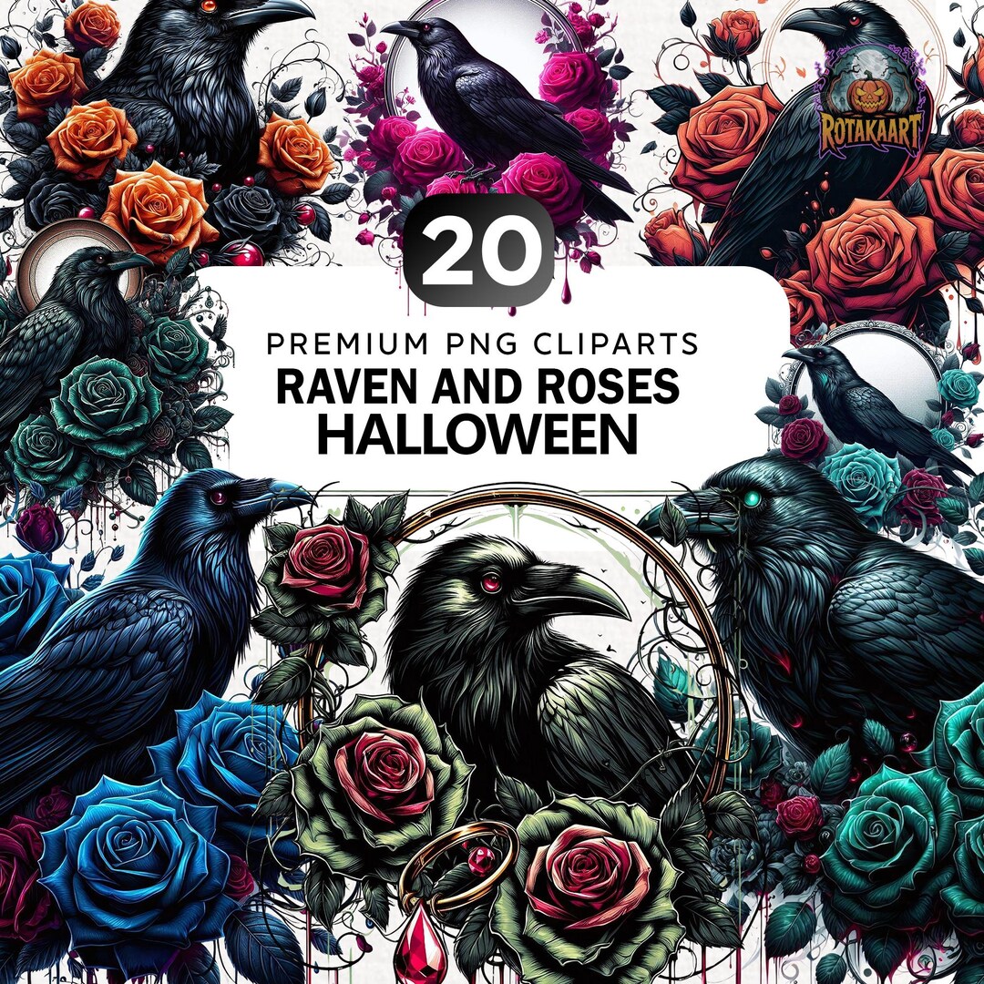 20+ Raven and Roses Clipart Bundle, Halloween Png, Gothic Raven Clipart ...