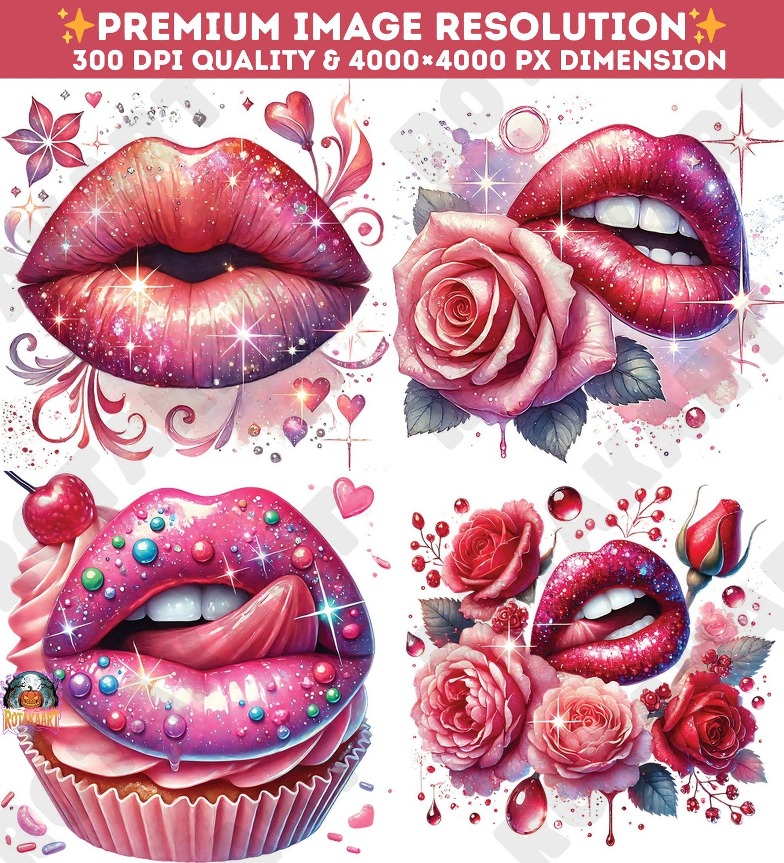 Romantic Lips Clipart Bundle, 20 PNG Valentine, Lips Glitter Clipart ...