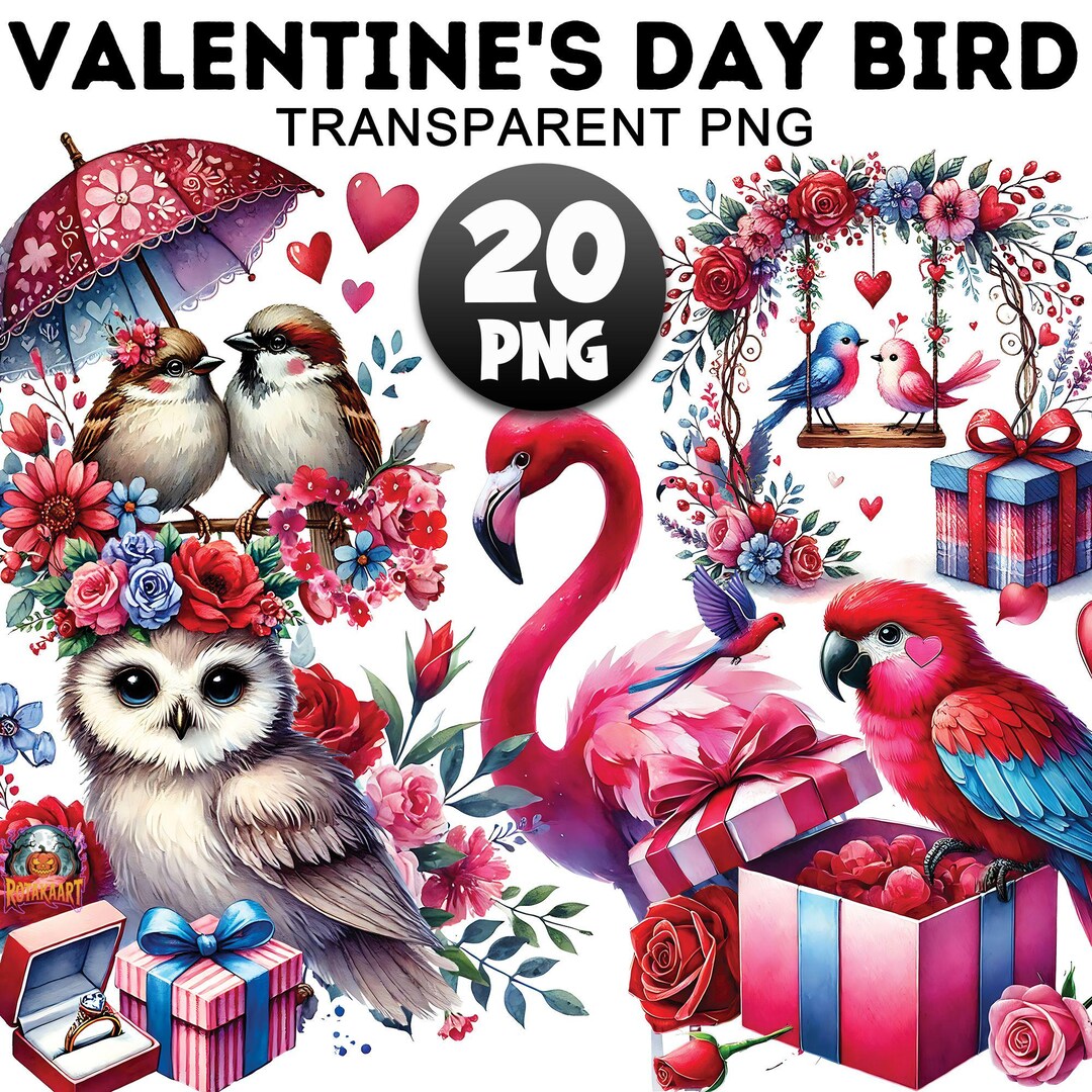 Valentine Bird Clipart Bundle, 20 PNG Valentine Day, Cute Bird Clipart ...