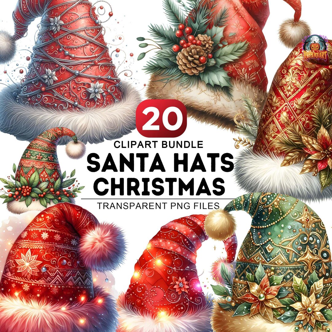Watercolor Santa Hats Clipart, 20 Png Festive Christmas Hat Bundle ...