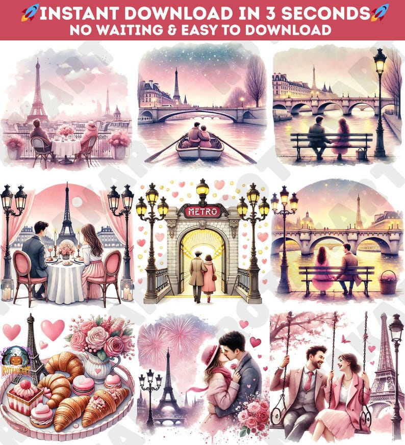 Valentines in Paris Clipart Bundle, 20 PNG Valentine, Paris Travel ...