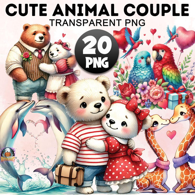Animal Couple Clipart Bundle, 20 PNG Valentine Day, Valentine Couple ...