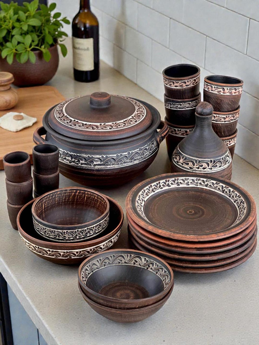 Angobe BBQ Serving Set for 6, Handmade Clay Shashlik Set, Rustic ...
