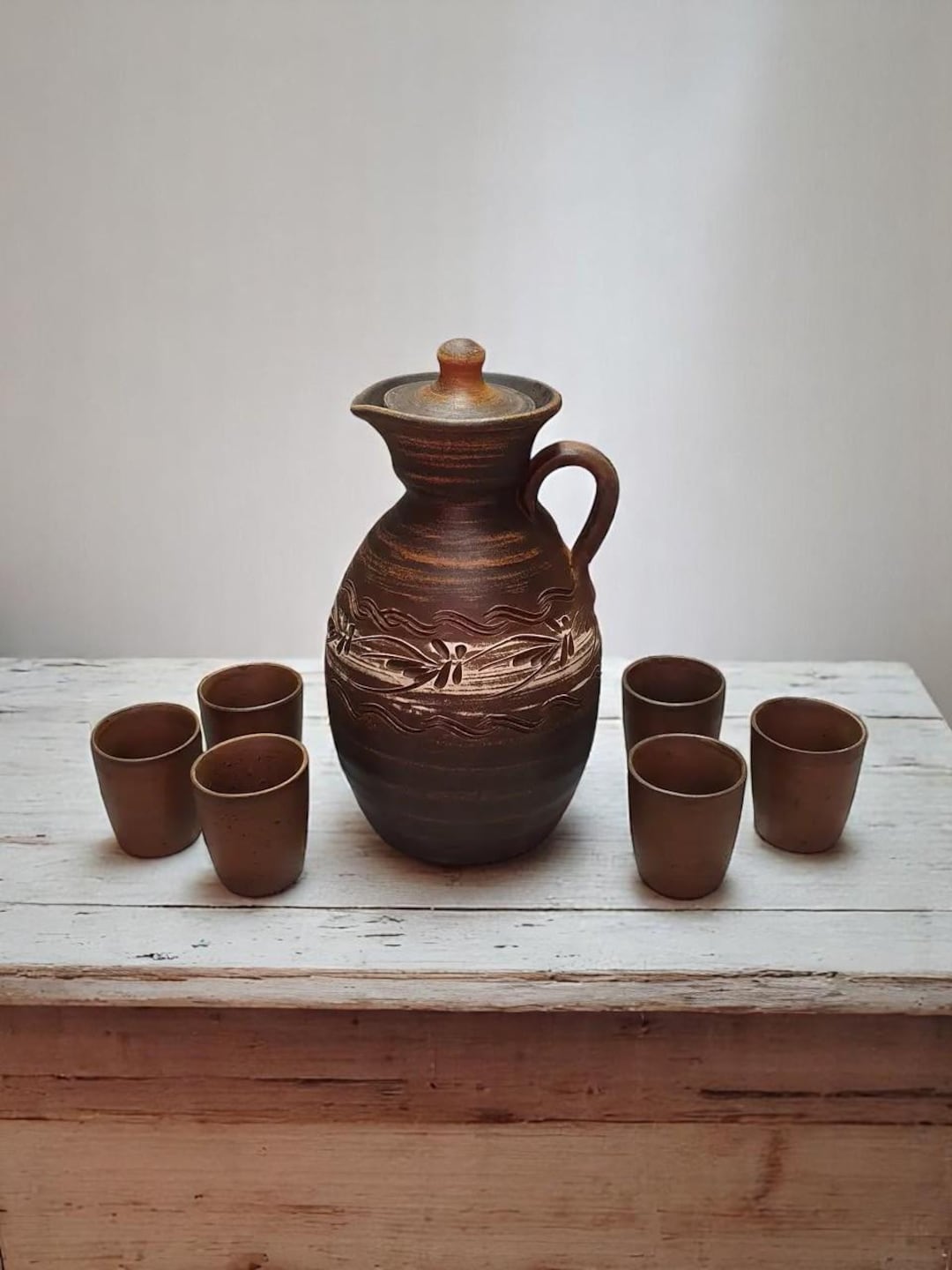 Handmade Clay Decanter Set 1.8L With 6 Shot Glasses Rustic Pottery ...