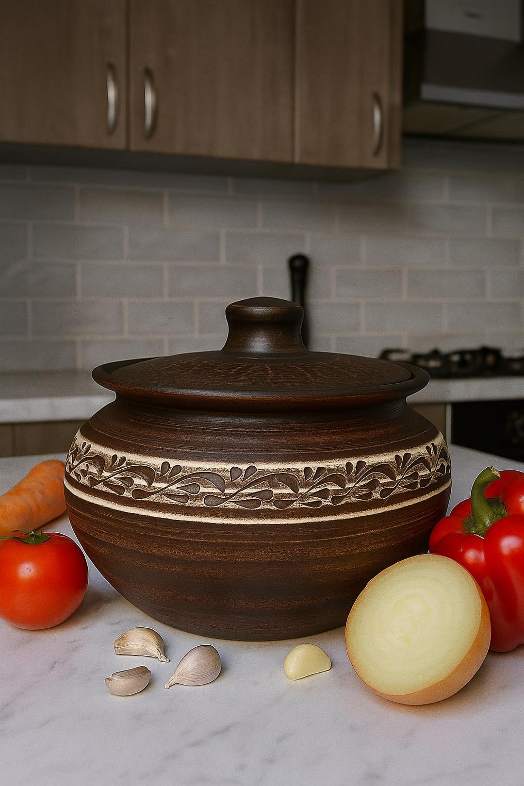 Natural Ceramic Baking Pot With Lid – 2L Handmade Rustic Cookware for ...