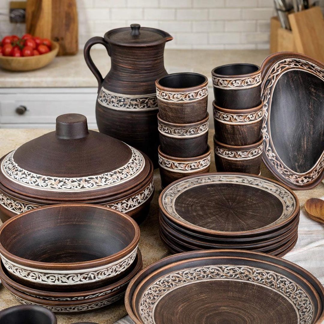 Rustic Farmhouse Clay Dinnerware Set | Handmade Pottery Serving Set for ...