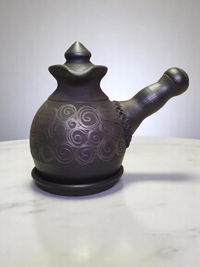 Handmade Black Clay Turkish Coffee Pot With Lid – Rustic Ceramic Cezve ...