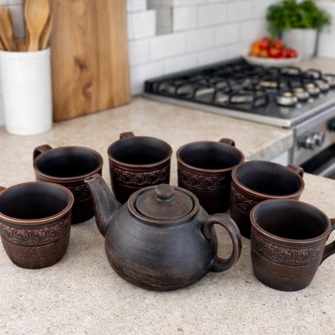 Handmade Tea Set for 6 People | Rustic Clay Teapot and Cups ...