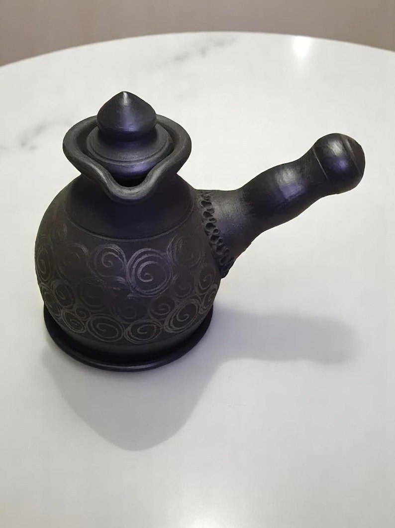 Handmade Black Clay Turkish Coffee Pot With Lid – Rustic Ceramic Cezve ...
