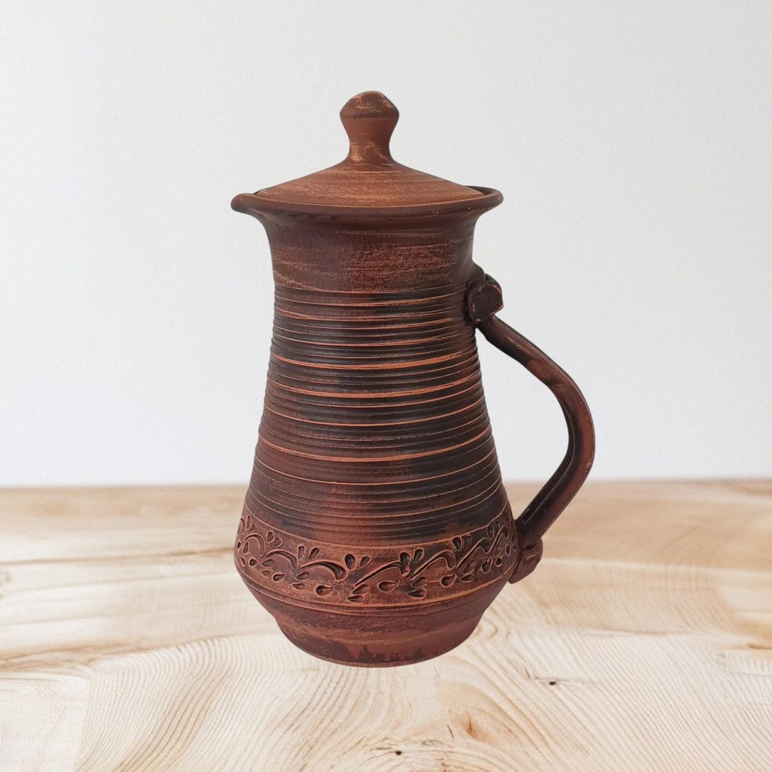 Handmade Clay Pitcher With Lid 1.4L – Rustic Terracotta Water Jug ...