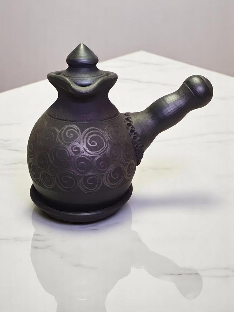 Handmade Black Clay Turkish Coffee Pot With Lid – Rustic Ceramic Cezve ...