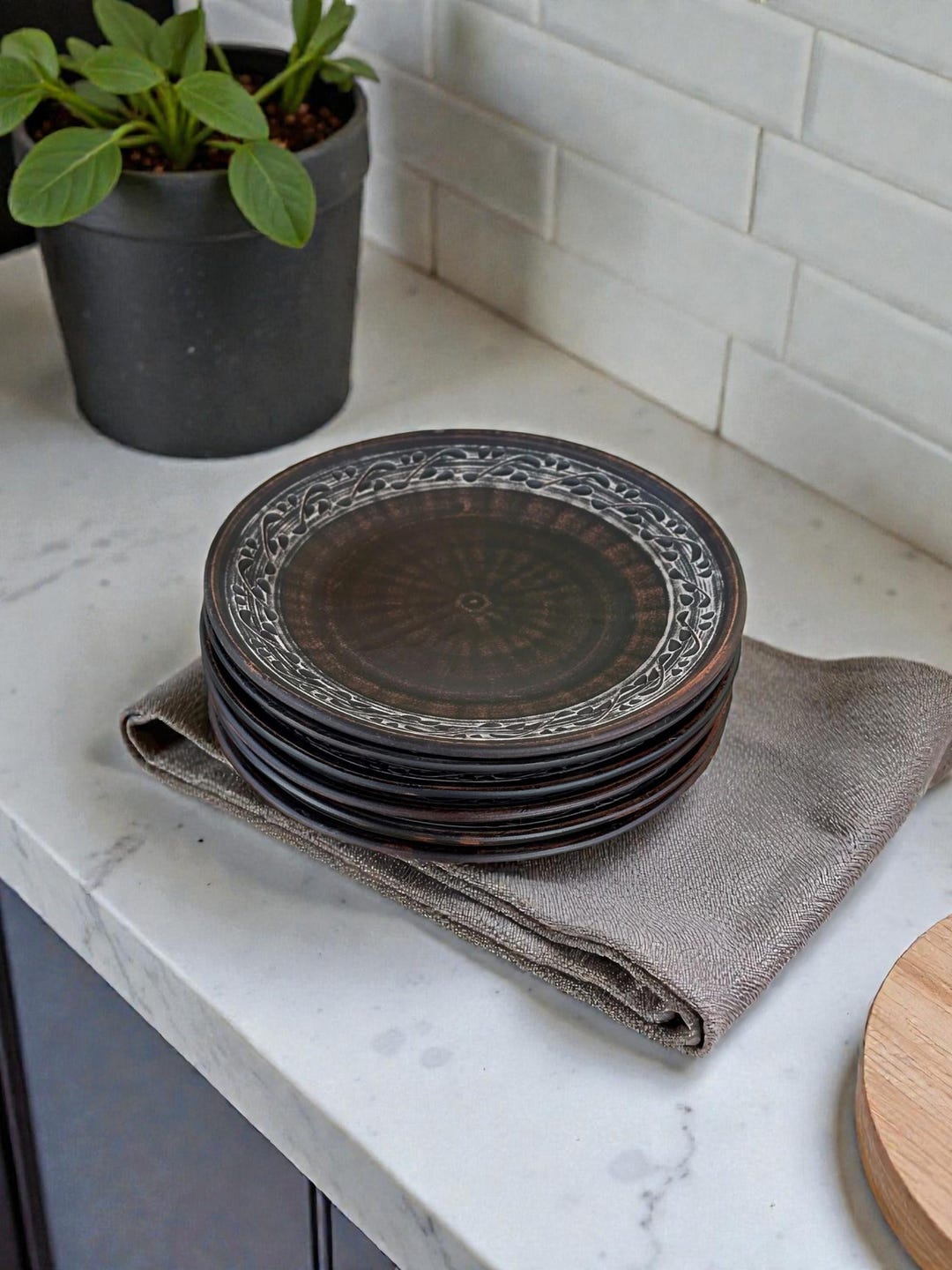 Ornamented Rustic Plates – Set of 6, Handmade Unglazed Clay Plates 8.3 ...