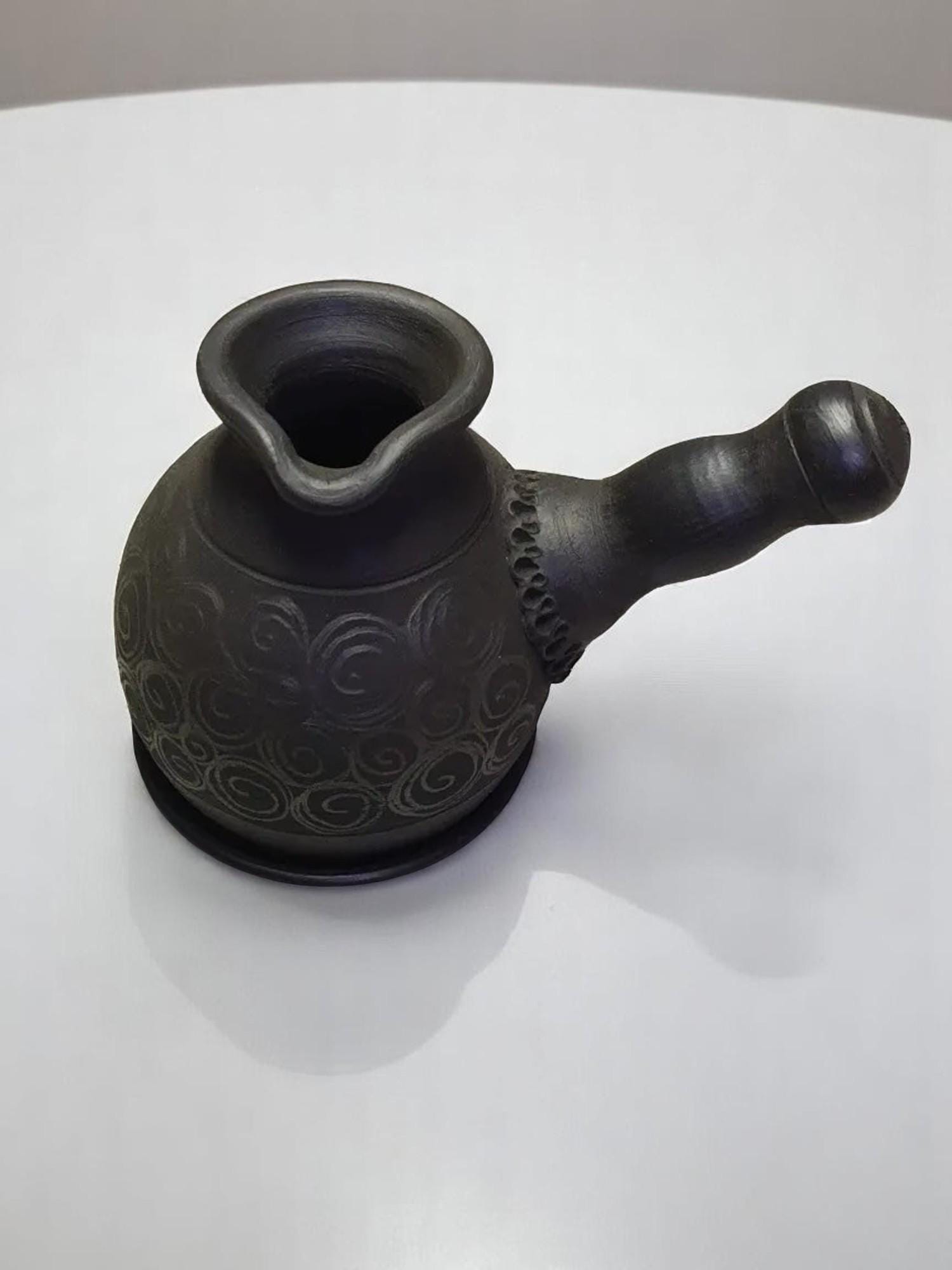 Handmade Black Clay Turkish Coffee Pot With Lid – Rustic Ceramic Cezve ...
