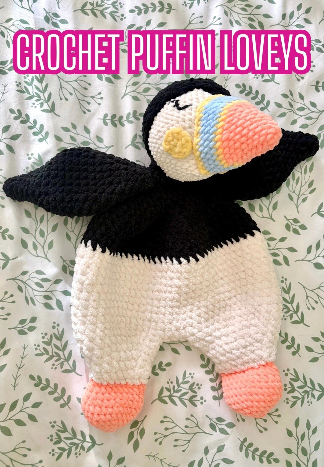 Crochet Puffin Lovey, Handmade Cuddly Bird Snuggler, Soft Stuffed ...