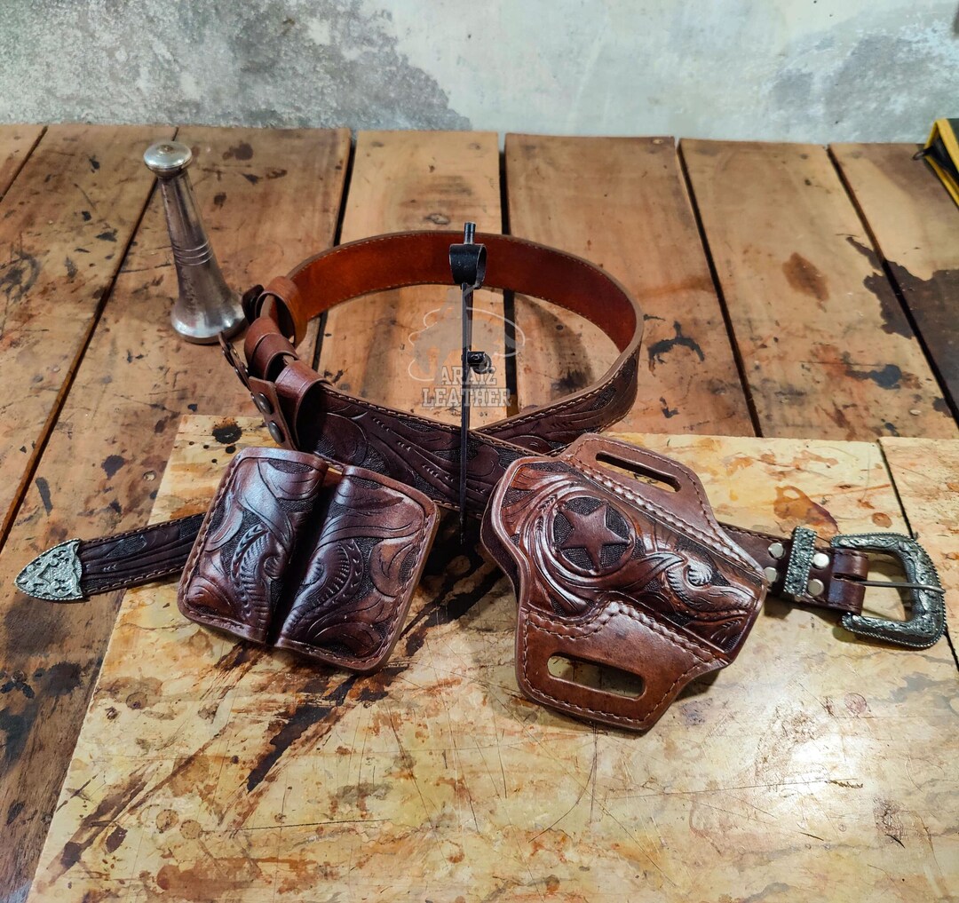 Texas BBQ Rig Floral Hand Carved Leather Gun Belt With Double Carry ...