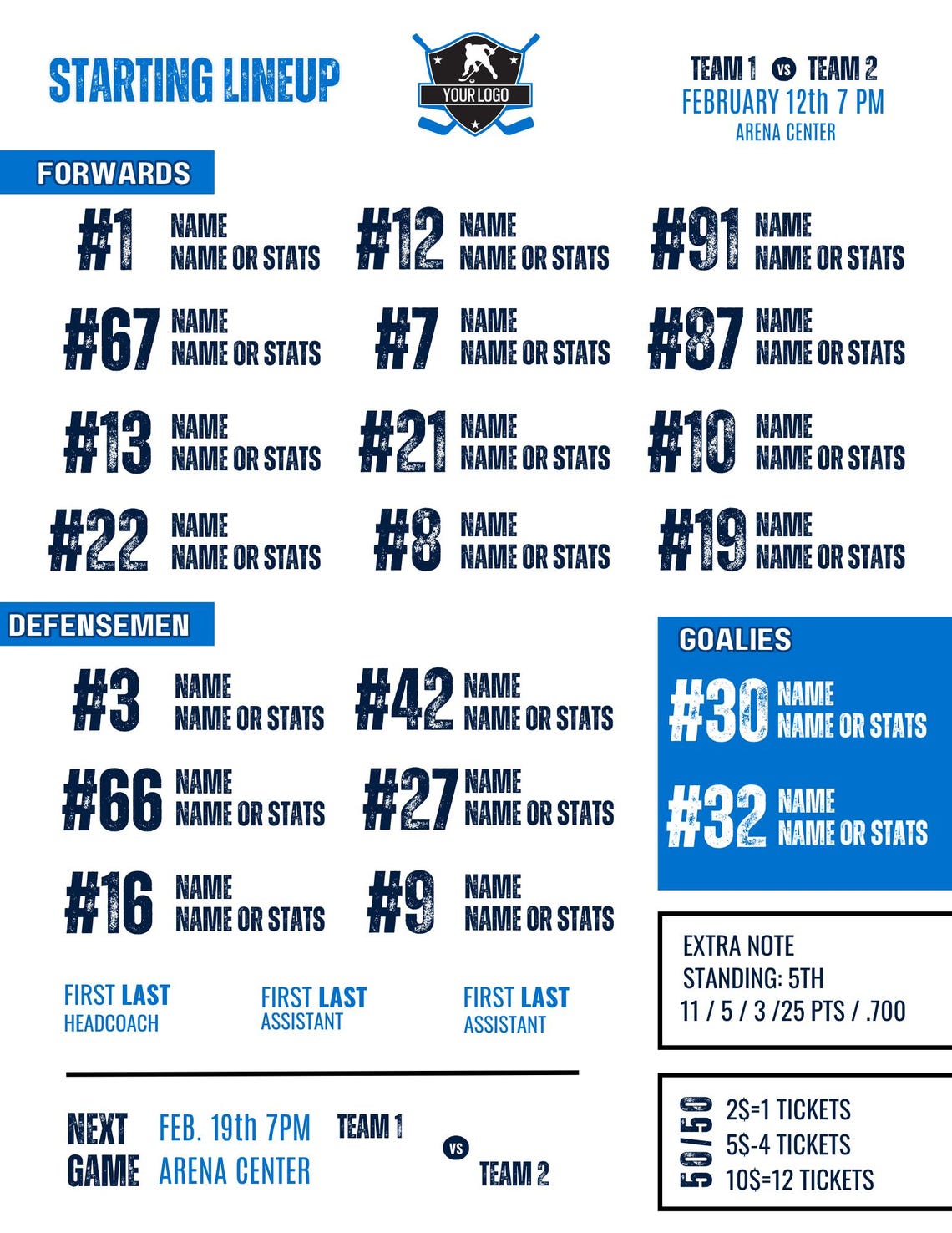 Hockey Lineup Template, Printable Hockey Roster, Digital Hockey Sheet ...