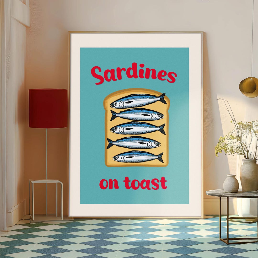 Printable Sardines on Toast Wall Art, Retro Kitchen Print, Fish Lover ...