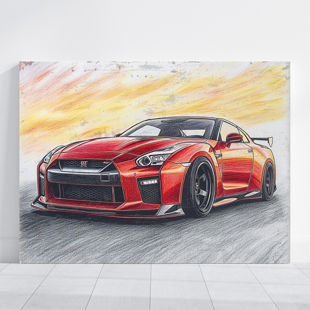 Personalized Car Art, Red Nissan GT-R Sketch, Racing Wall Decor, Drag ...