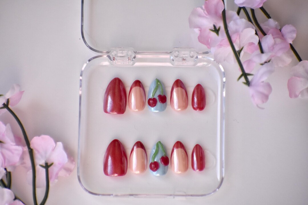 3D Cherry Chrome Press-on Nails: Short Almond Gel-x, Handmade - Etsy