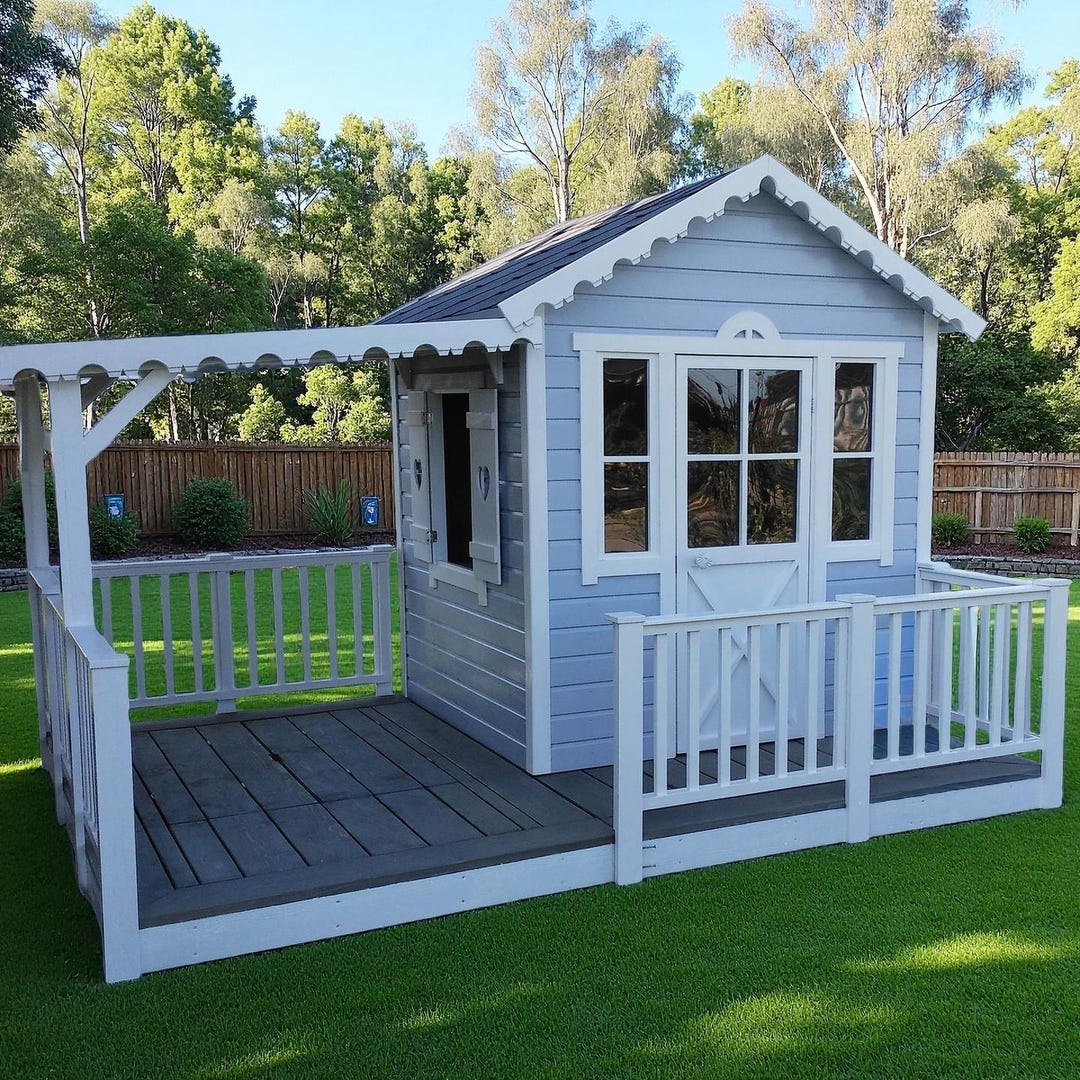 Outdoor Wooden Kids Playhouse With Covered Sandbox - Painted Backyard ...