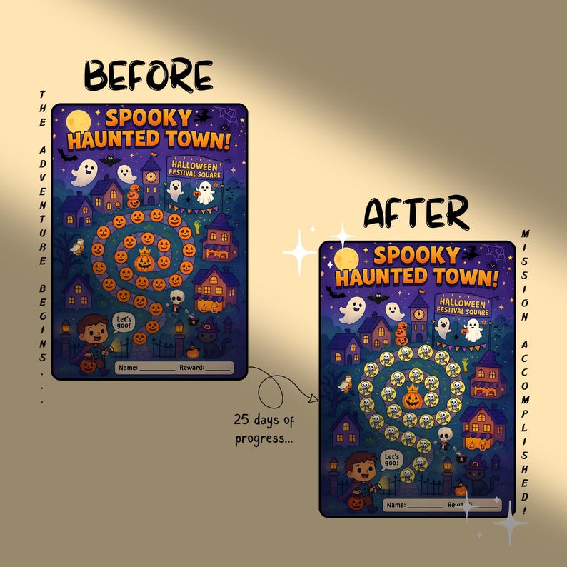 Halloween Reward Chart for Kids: Spooky Town Goal Tracker (printable ...