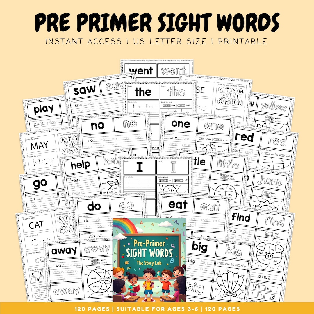 120 Pages Pre Primer Sight Words Printable PDF Kindergarten Preschool ...