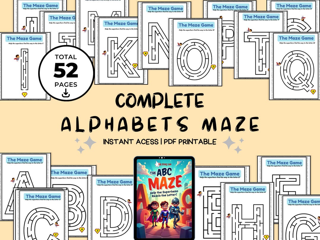 52 Pages ABC Maze Worksheet Printable PDF Superhero Alphabet Activity ...
