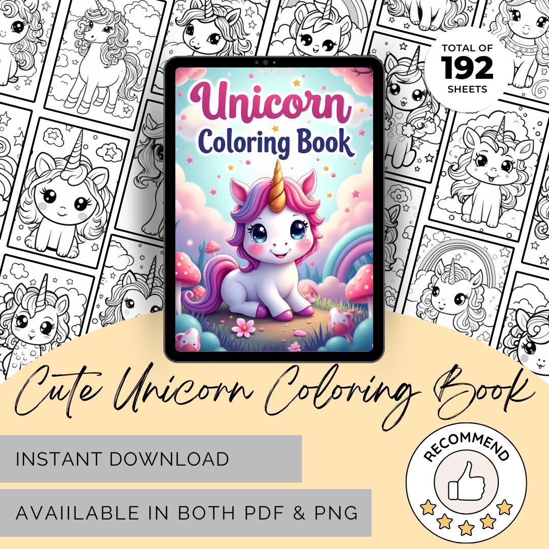Unicorn Coloring Book Printable PDF 192 Pages Kids Fantasy Art Coloring ...