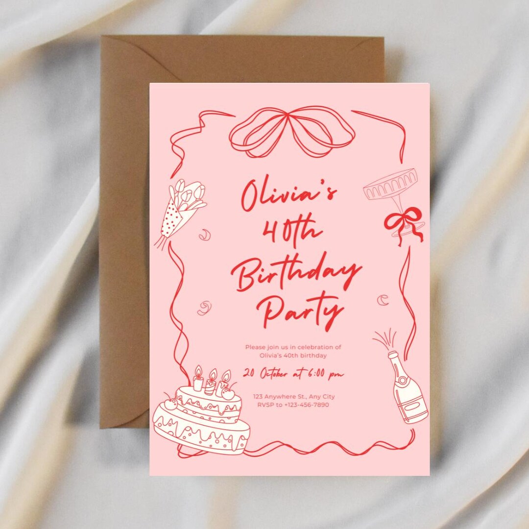 Pink 40th Birthday Invitation: Wavy Border, Fine Line Art (digital ...