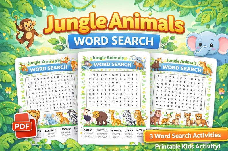 Jungle Animals Word Search for Kids Printable, Animal Word Search ...