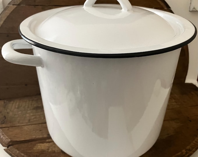 Vintage Large White Enamel Stock Pot With Lid , Black Trim - Etsy