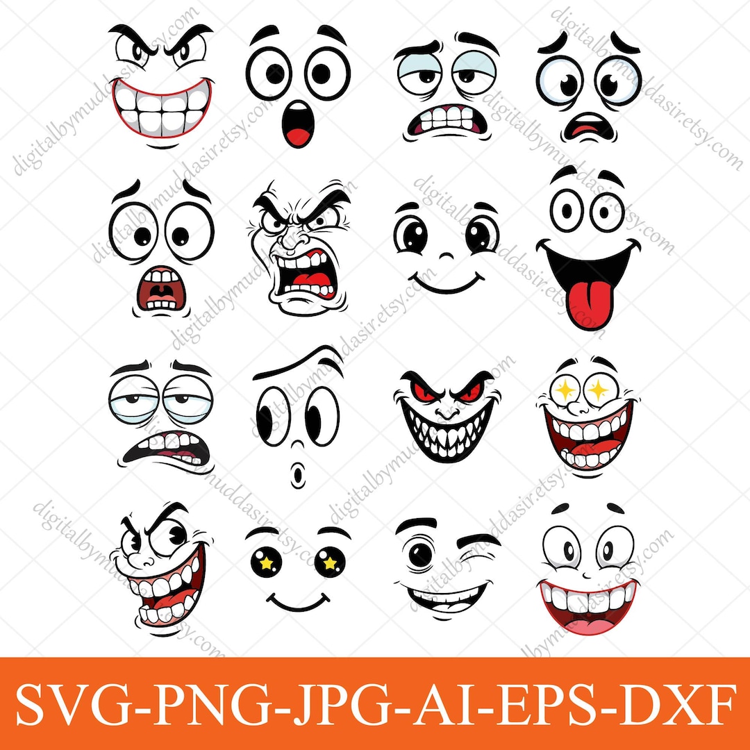 Cartoon Face Expressions Svg Bundle, Cartoon Emotion Faces Svg,emoji ...