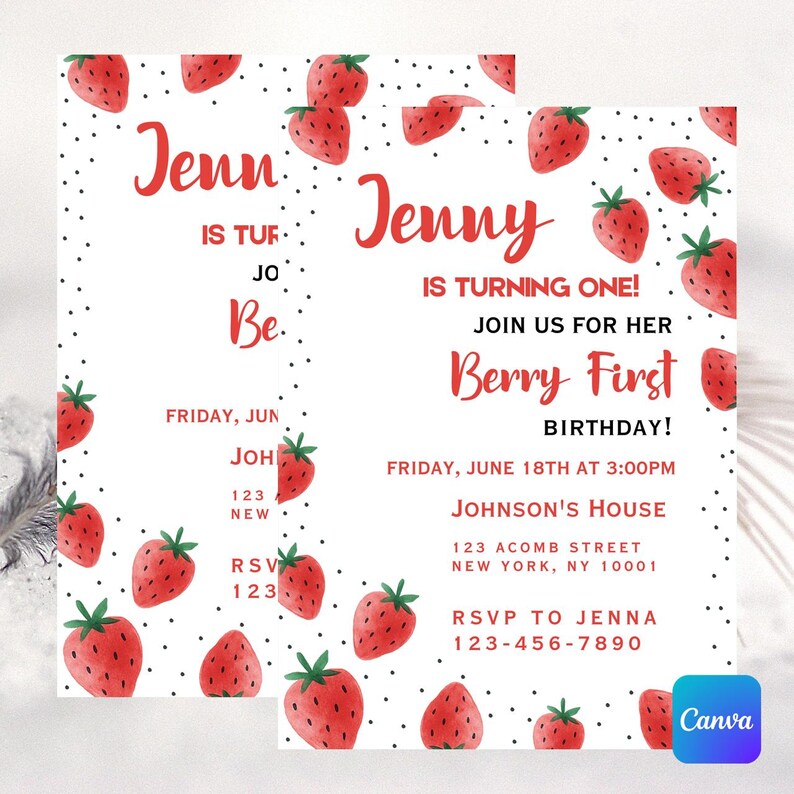 Editable Strawberry Birthday Invitation Template | Berry First Birthday ...