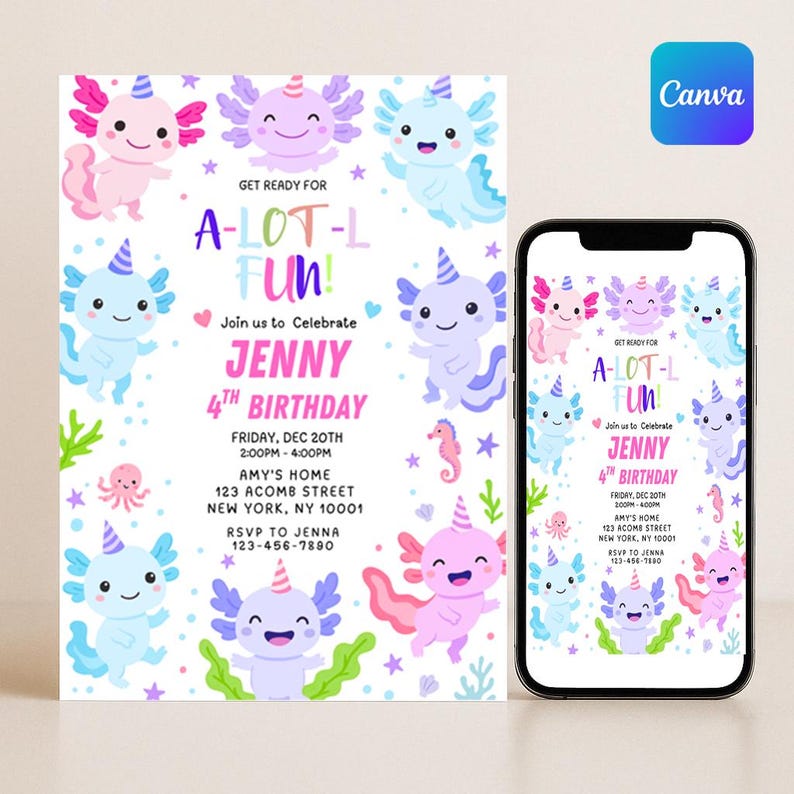 Editable Colorful Axolotl Birthday Invitation Template | Under Sea ...