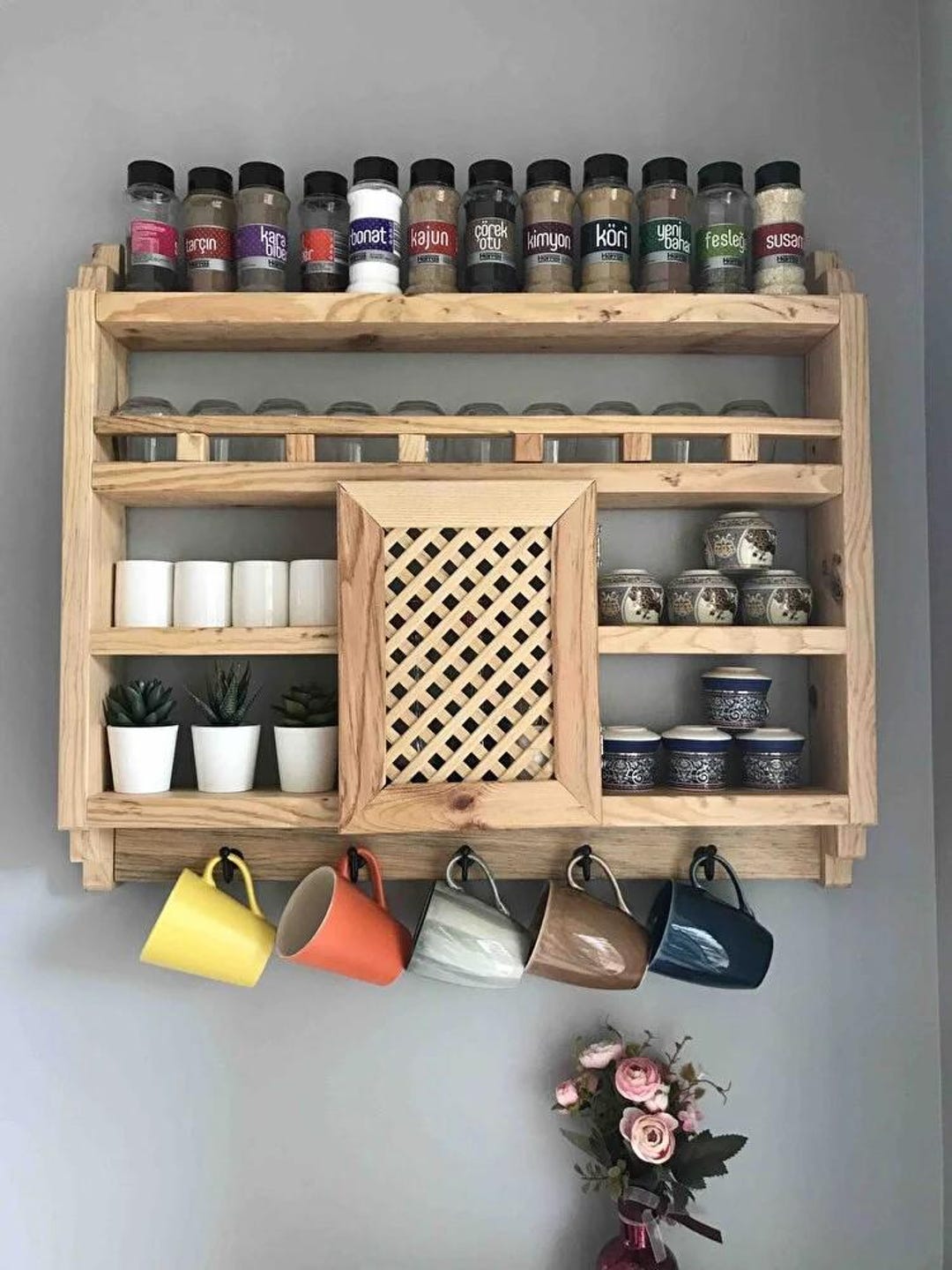 Rustic Wall Mounted Coffee Cup Rack, Wall Mounted Kitchen Shelf, Wooden ...