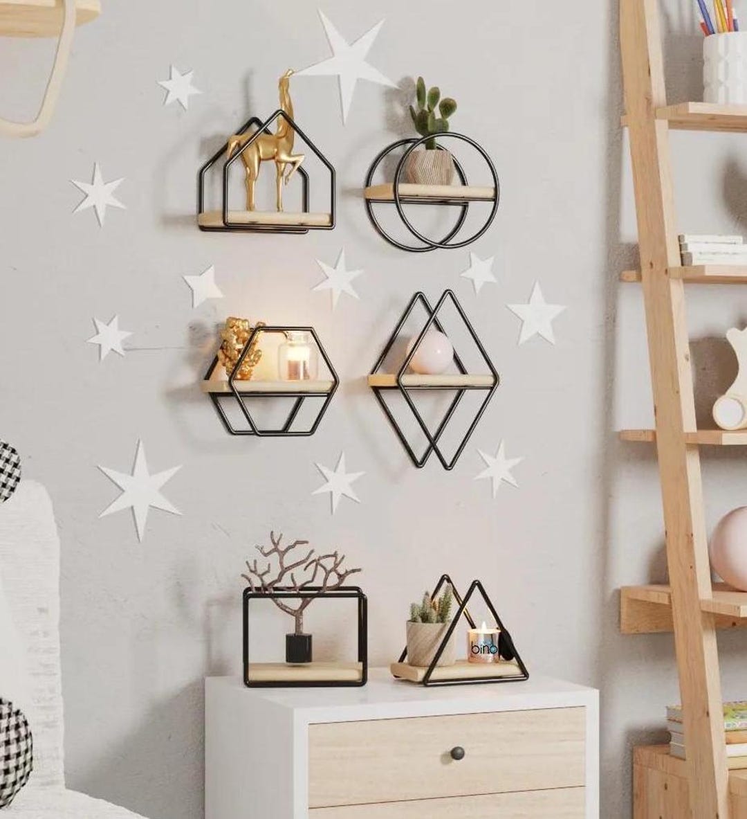 Decorative Wall Shelf Collage, Minimalist Shelving Wall, Framed Living ...